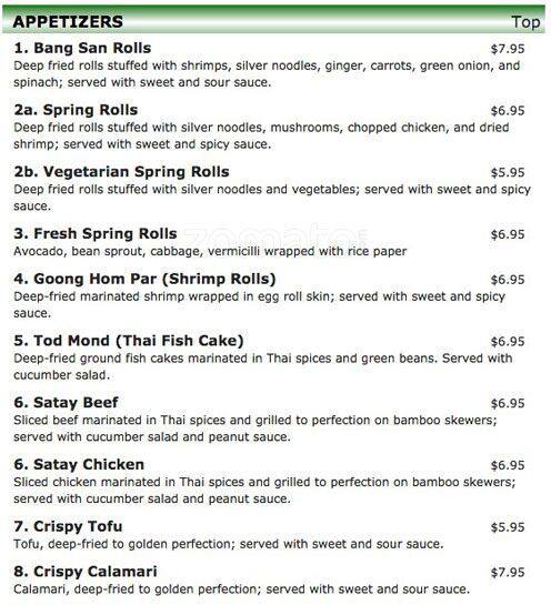 Menu at Bang San restaurant, San Francisco