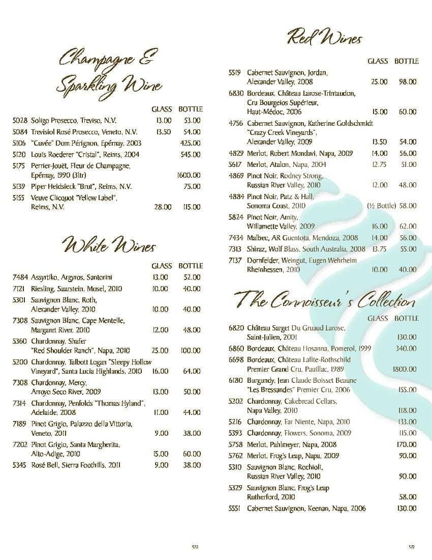 Menu at Seafood Bar, Palm Beach