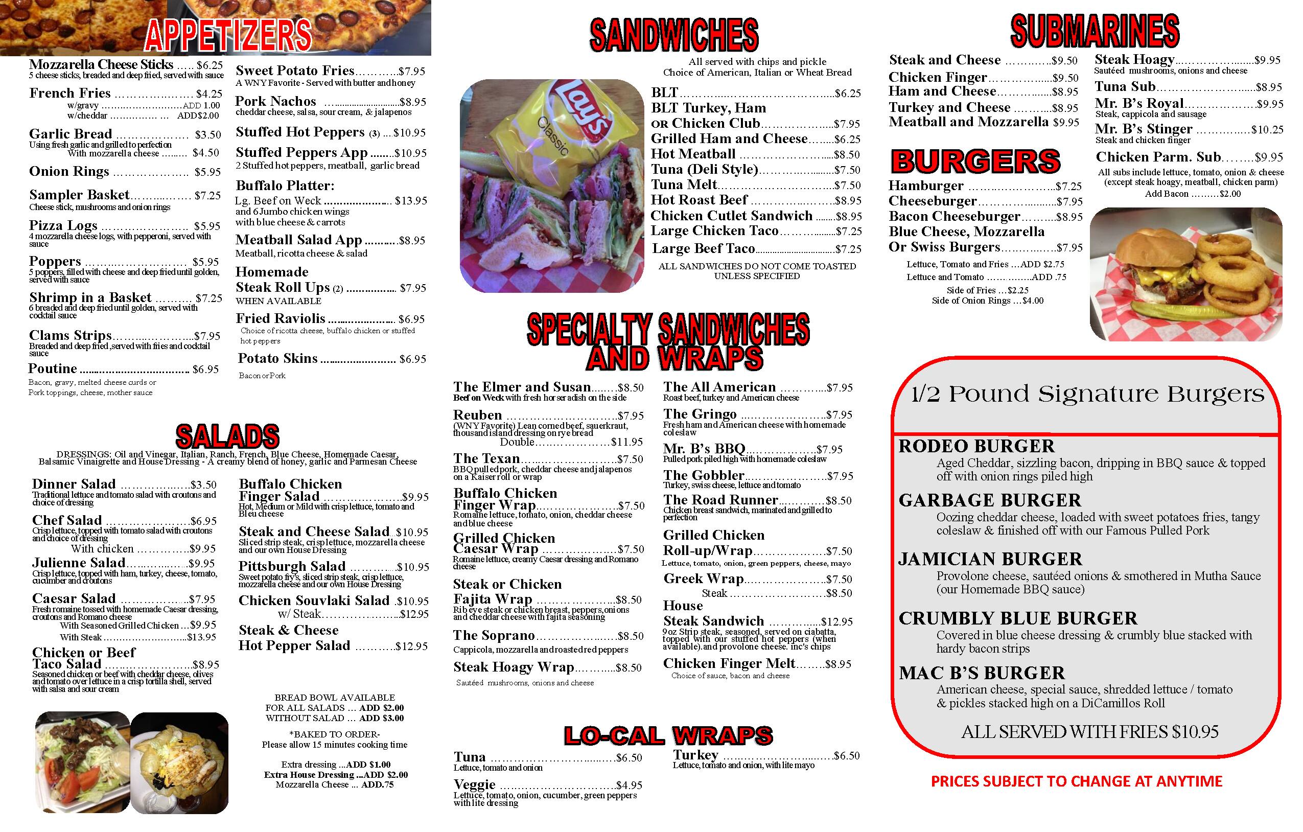 Menu at Mister B's Restaurant, Niagara Falls