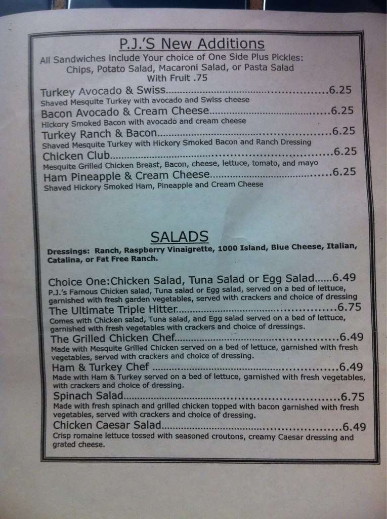 Menu at P J's Sandwich Shoppe cafe, Tulsa
