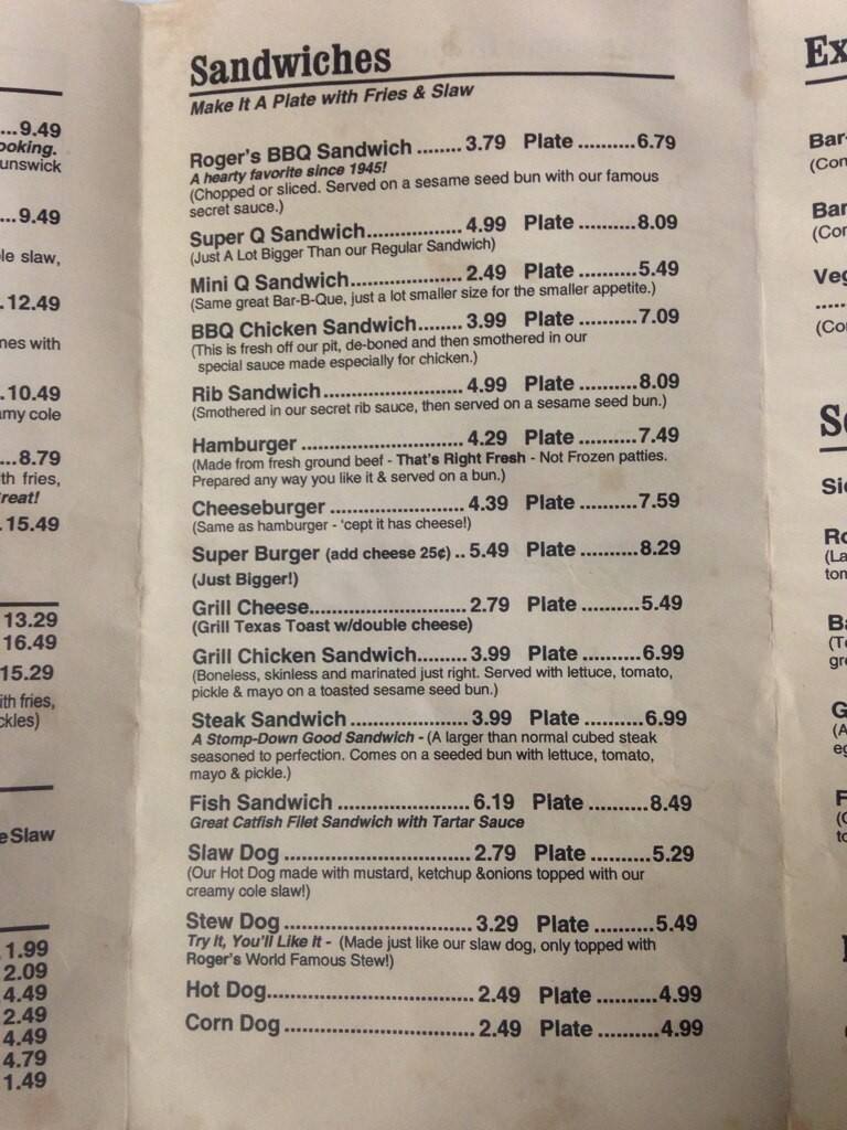 Menu at Roger's Bar-B-Que, LaGrange