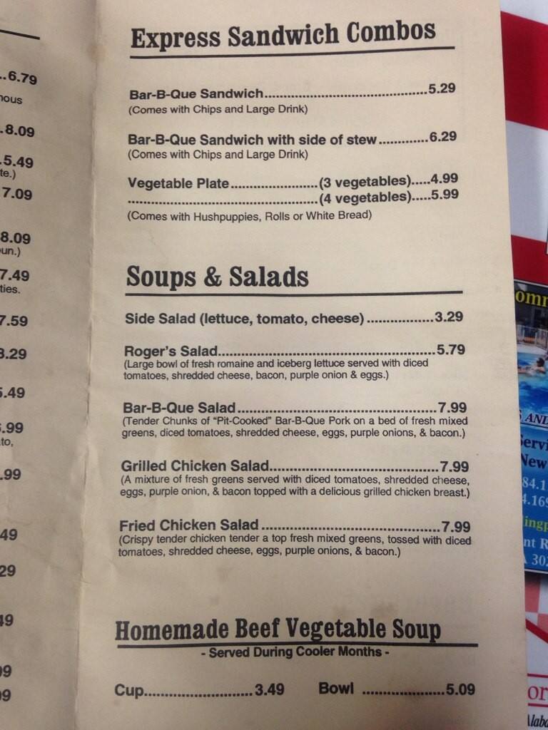 Menu at Roger's Bar-B-Que, LaGrange