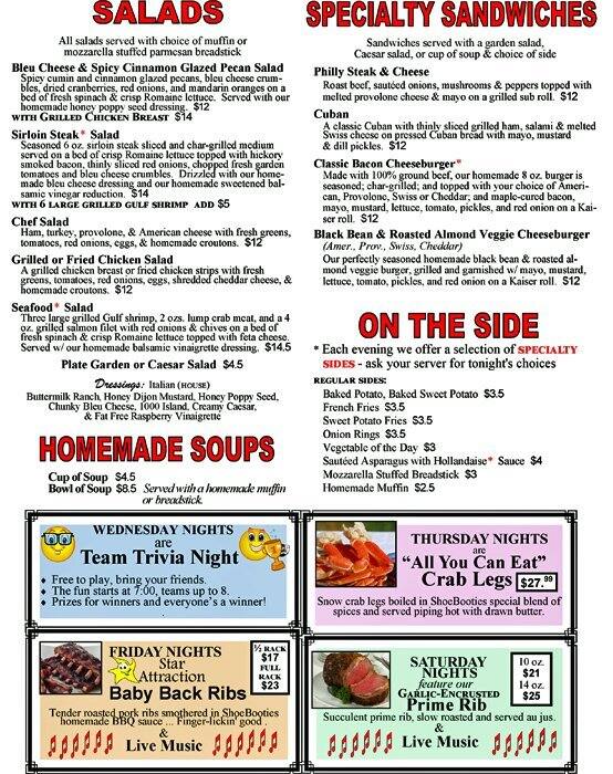 Menu at Shoebooties restaurant, Murphy