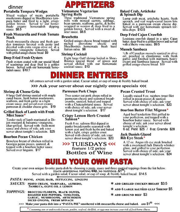 Menu at Shoebooties restaurant, Murphy