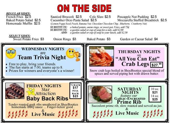 Menu at Shoebooties restaurant, Murphy