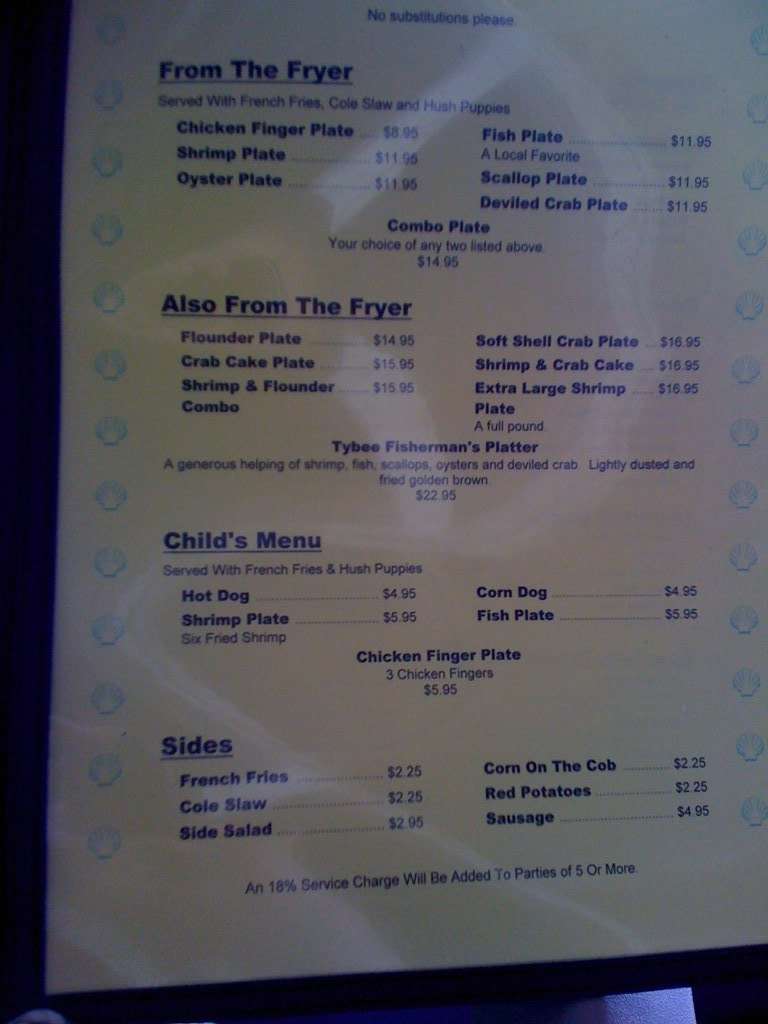 Menu at Sting Ray's Seafood pub & bar, Tybee Island