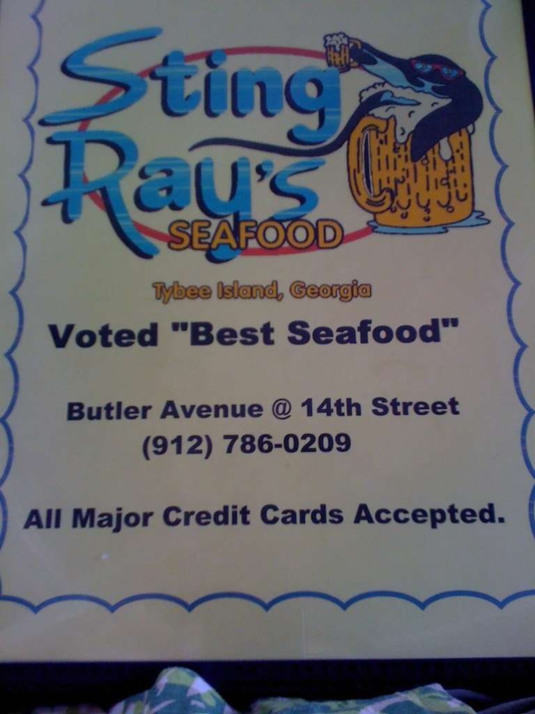 Menu at Sting Ray's Seafood pub & bar, Tybee Island
