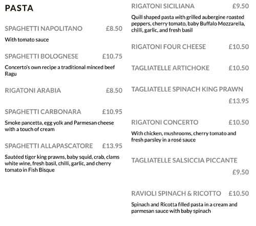 Menu at Grand Caffe Concerto Knightsbridge cafe, London, 239 Brompton Rd