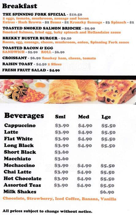 Menu at the spinning fork cafe, Largs Bay