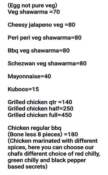 Menu of The Arabian Shawarma, Perungudi, Chennai