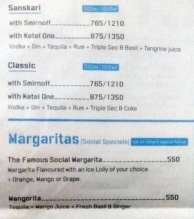 Menu at Aerocity SOCIAL, New Delhi