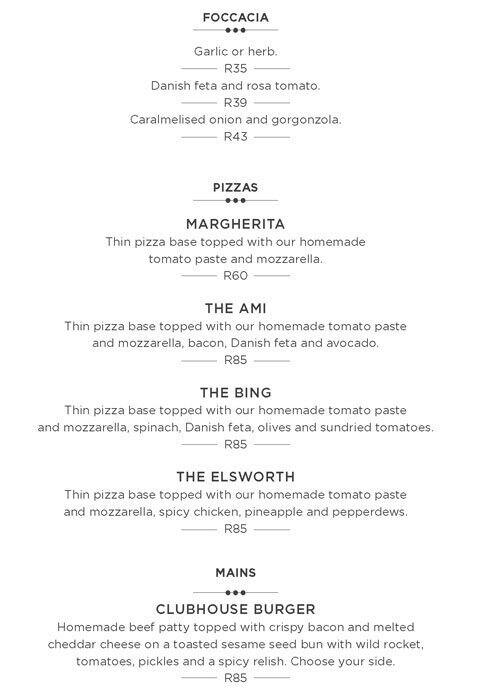 Menu at The Club House at Claremont Cricket Club, Cape Town, Constantia ...