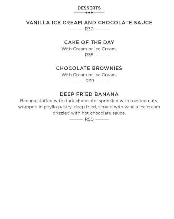 Menu at The Club House at Claremont Cricket Club, Cape Town, Constantia ...