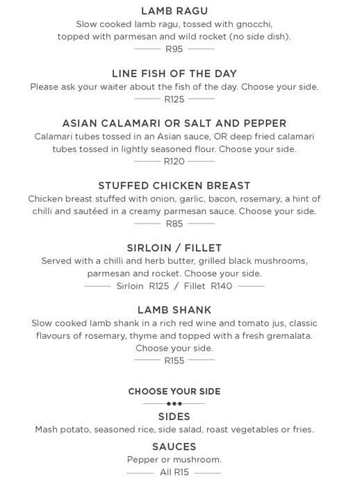 Menu at The Club House at Claremont Cricket Club, Cape Town, Constantia ...