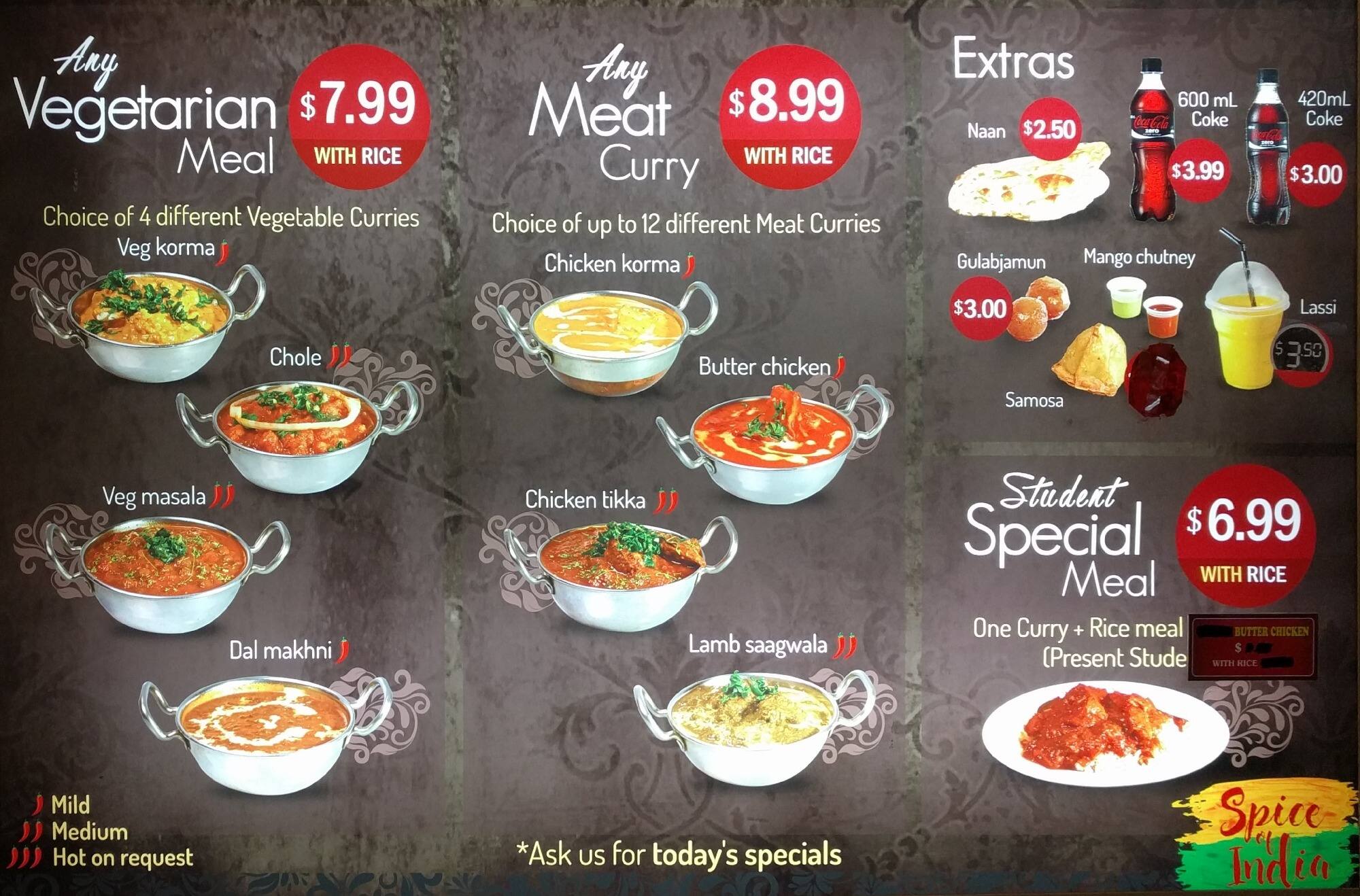 Menu at Spice of India restaurant, Auckland, 21-25 Elliott St