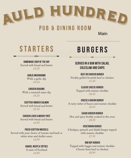 Menu at Auld Hundred pub & bar, Edinburgh