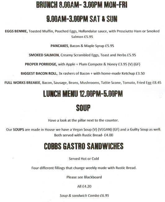 Menu at Cobbs Cafe, Edinburgh, 2-6 Spottiswoode Rd