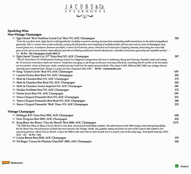 Menu at Jacobs & Co. steakhouse, Toronto