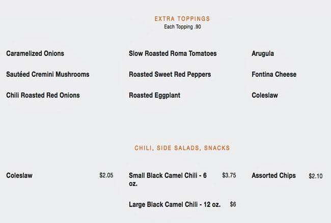 Menu at Black Camel BBQ, Toronto