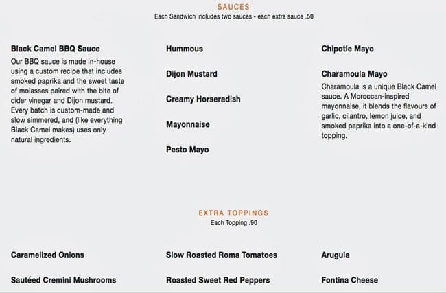 Menu at Black Camel BBQ, Toronto