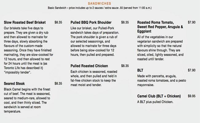 Menu at Black Camel BBQ, Toronto