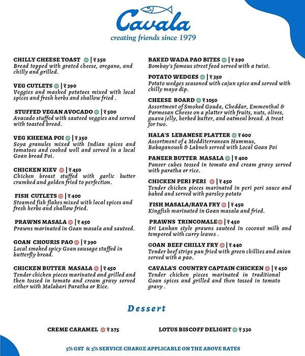 Menu at Cavala Seaside Resort, Restaurant & Bar, Baga