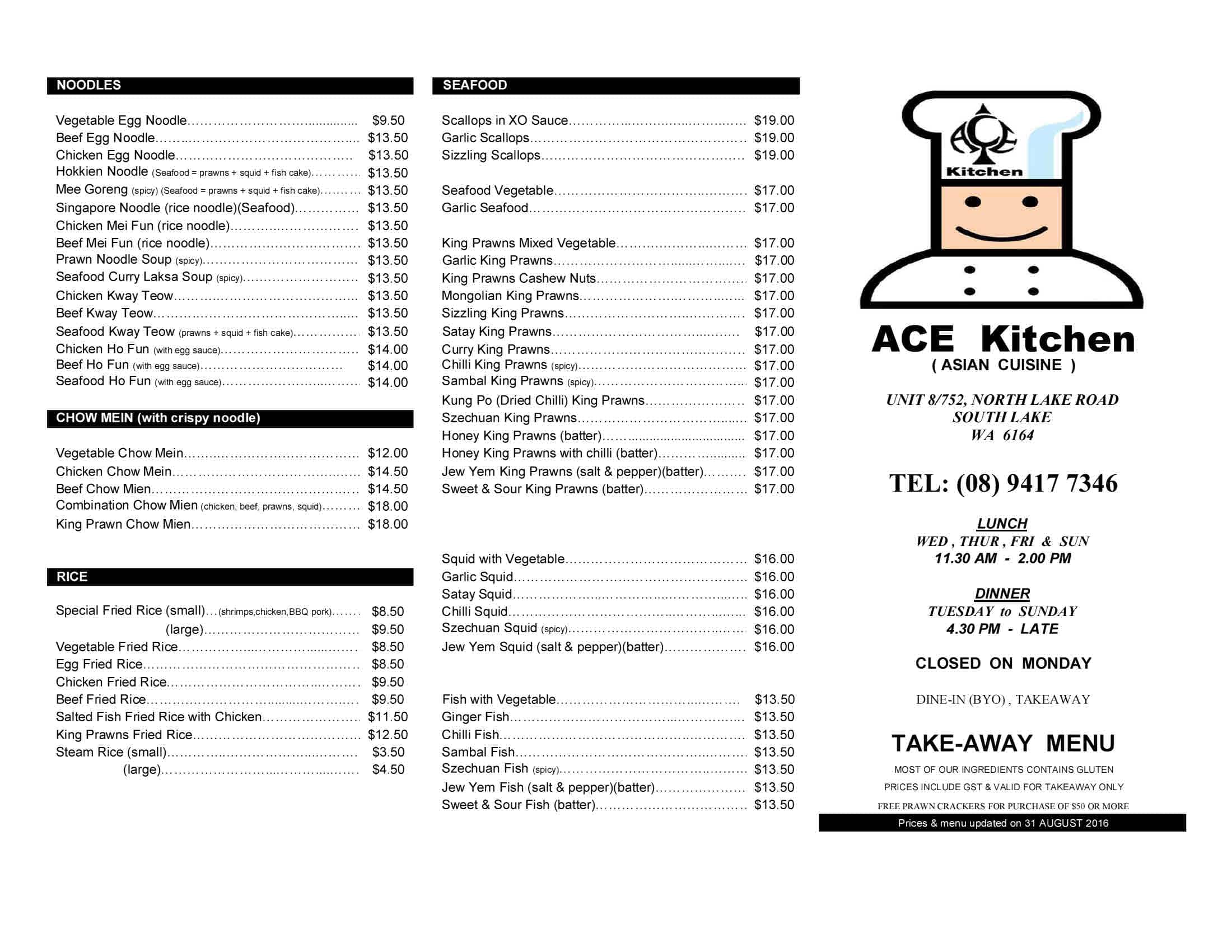 Menu at Ace Kitchen restaurant, South Lake