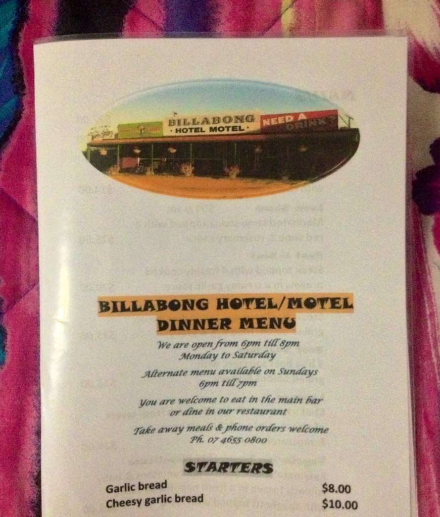 Menu at Billabong Hotel Motel Bistro pub & bar, Cunnamulla