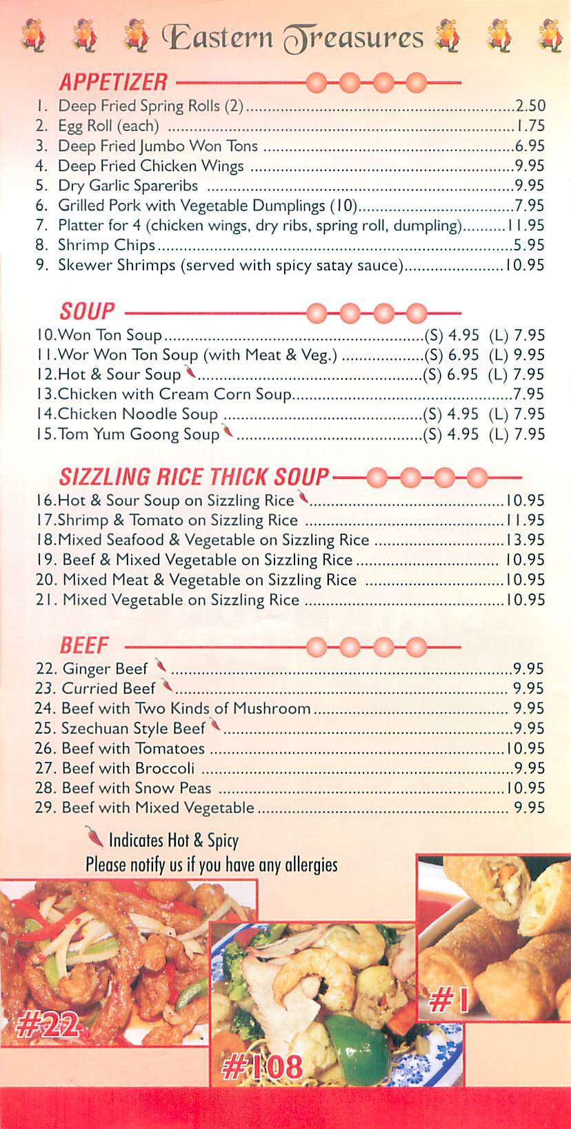 Menu at Eastern Treasures restaurant, Calgary