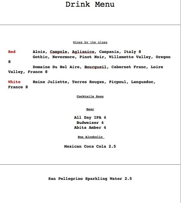 Menu at Paladar 511 pizzeria, New Orleans