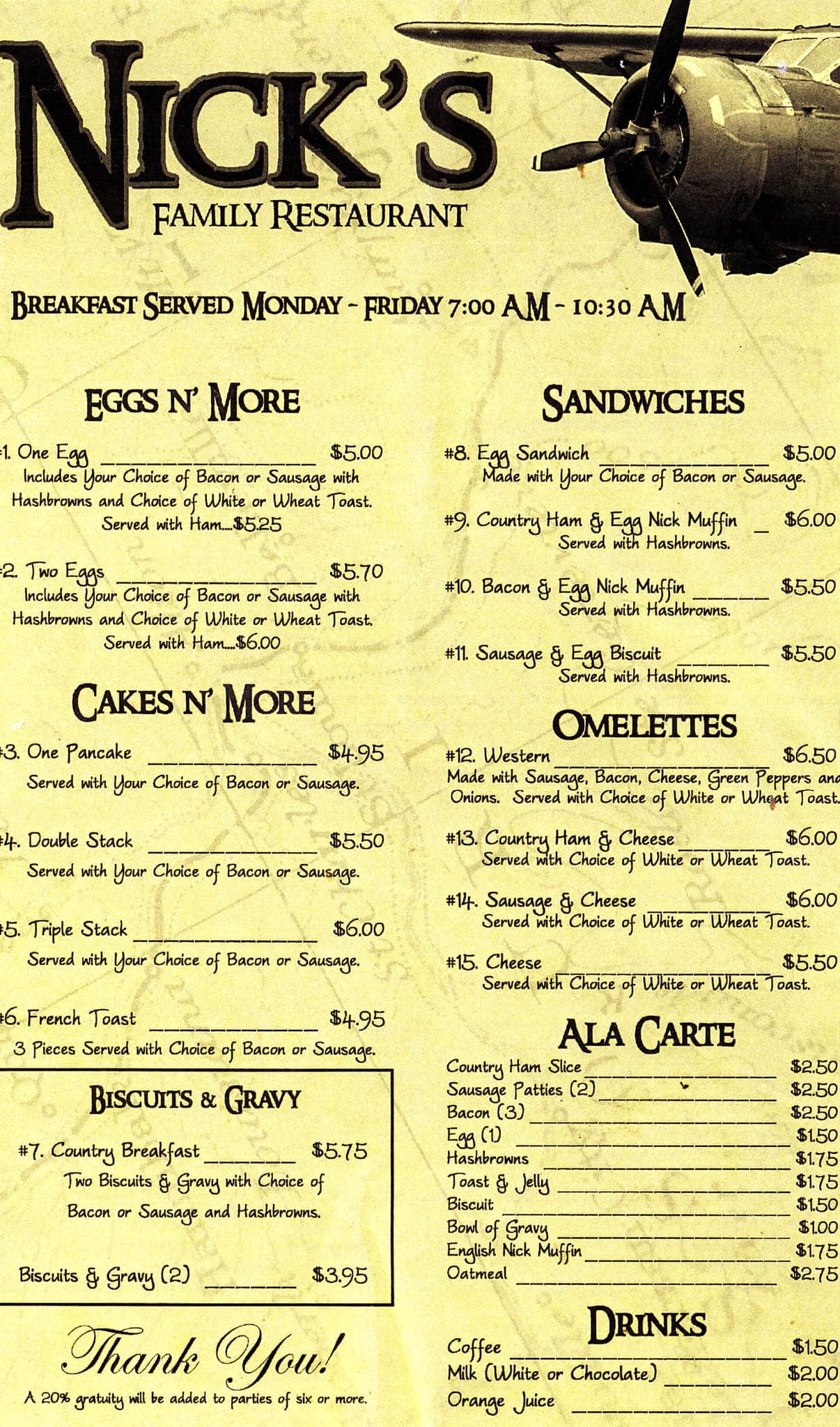 Menu at Nicks Family Restaurant, Jefferson City, 500 Airport Rd