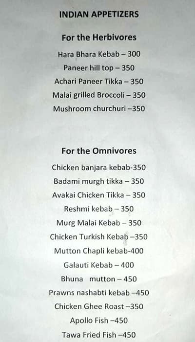 Menu of Tabula Rasa, Jubilee Hills, Hyderabad