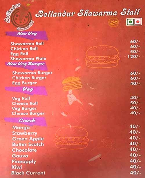 Menu of Bellandur Shawarma Stall, Bellandur, Bangalore
