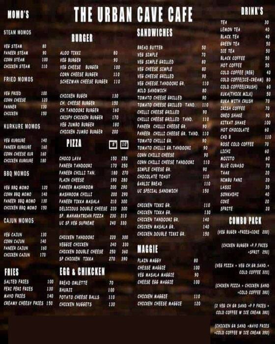 Menu of The Urban Cave, Talegaon, Pune