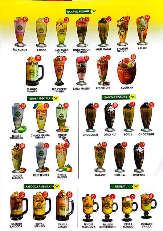 Menu of Banavil Avil Milks, Al Karama, Dubai