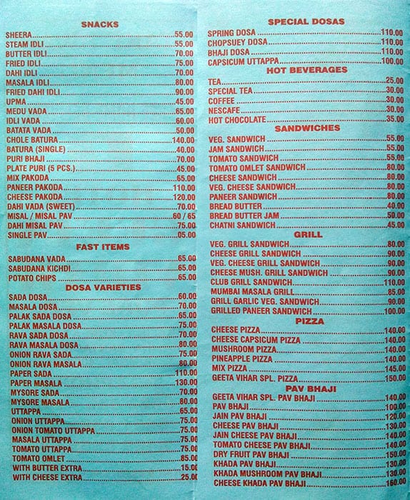 Menu of Geeta Vihar, Santacruz East, Mumbai