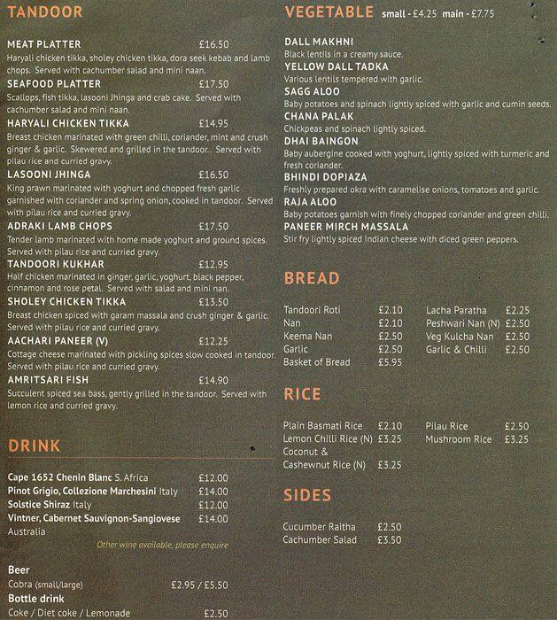 Menu at Mango Indian restaurant, London