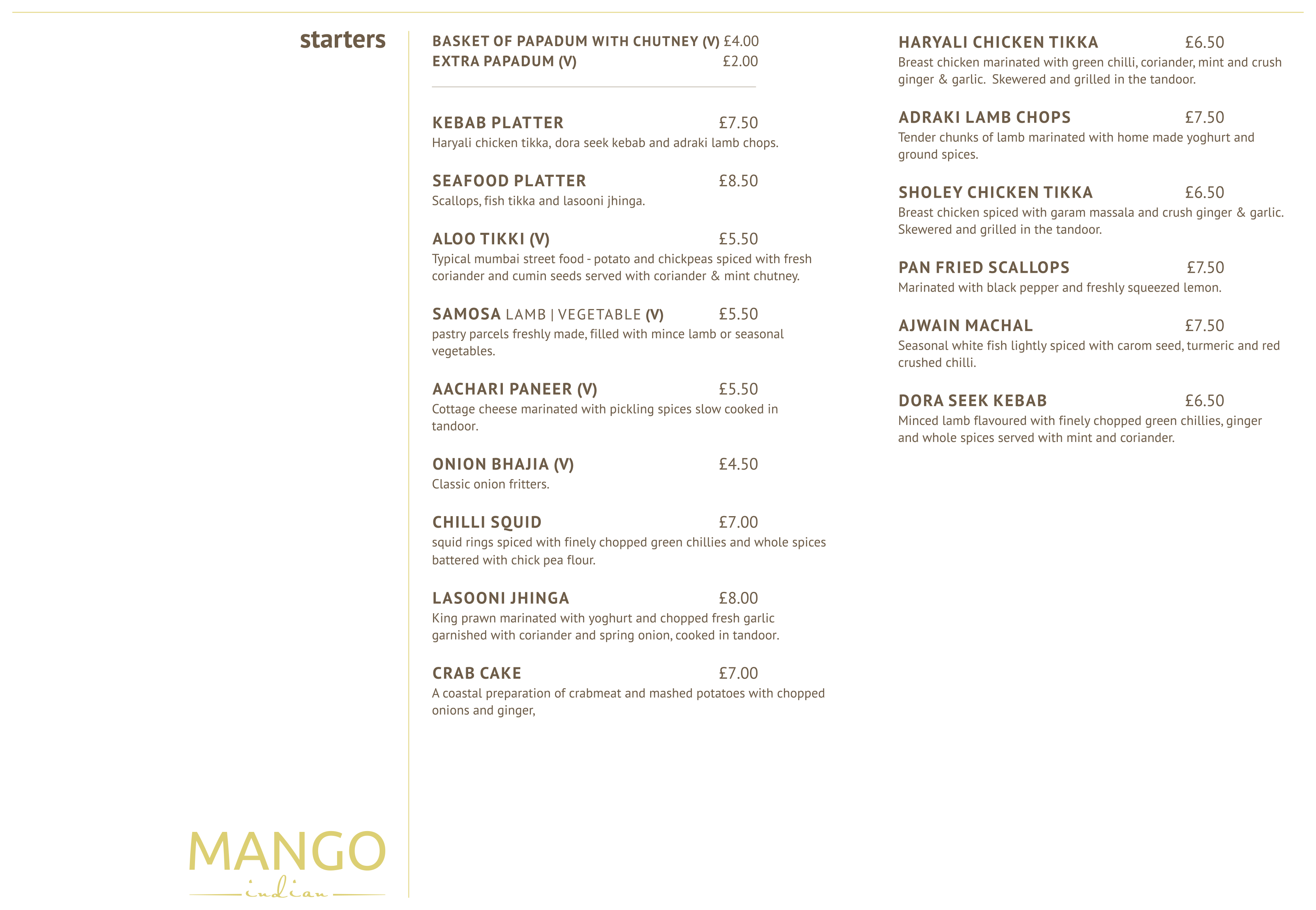 Menu at Mango Indian restaurant, London