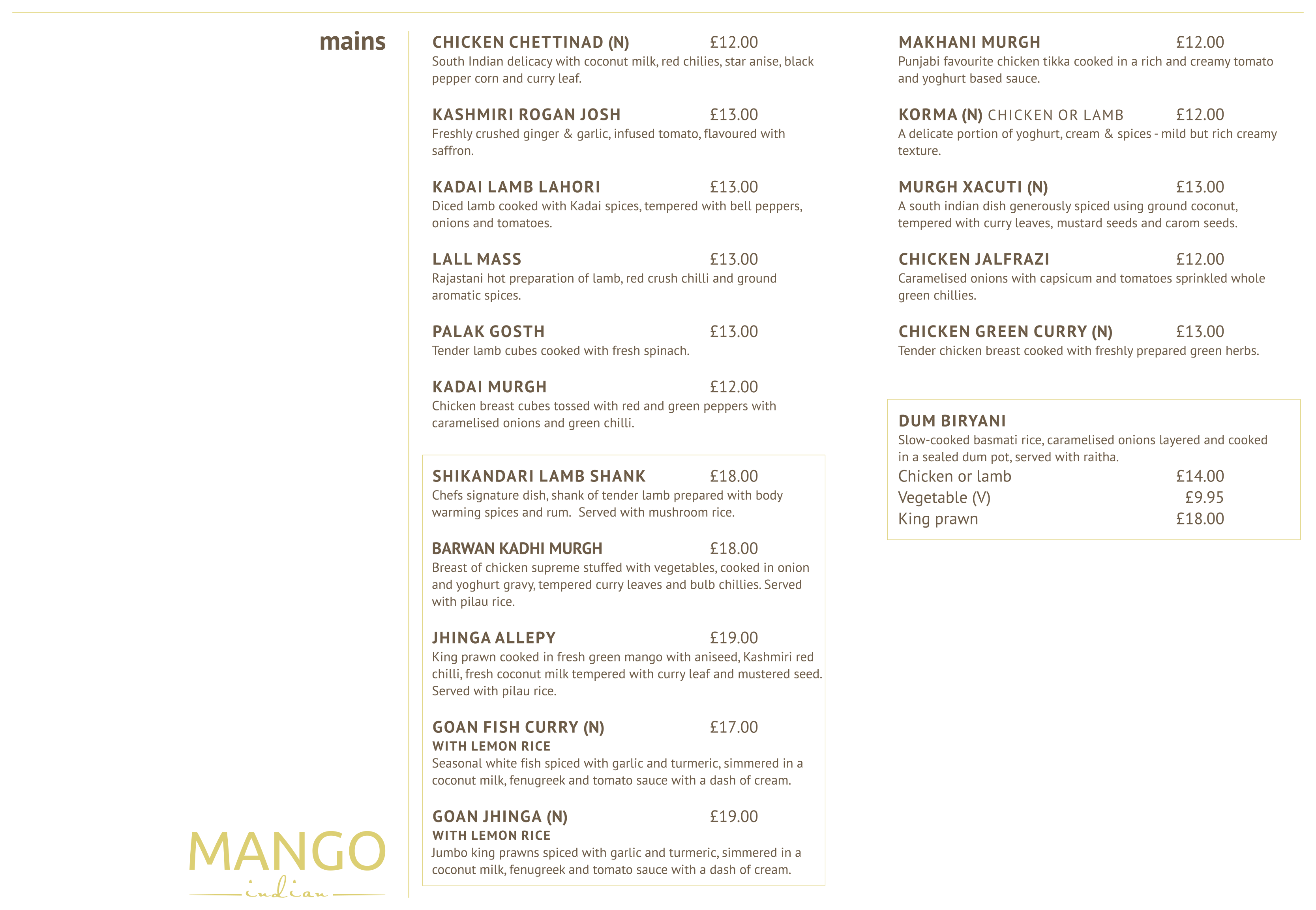 Menu at Mango Indian restaurant, London