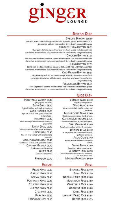 Menu at Ginger Lounge restaurant, Upminster