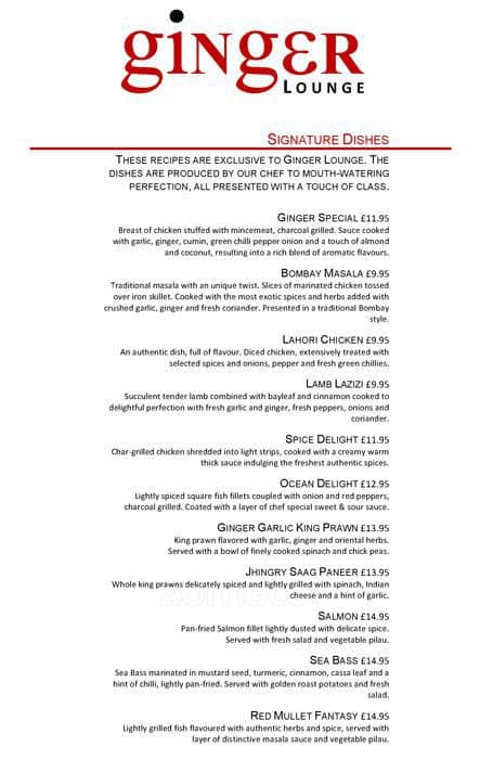 Menu at Ginger Lounge restaurant, Upminster
