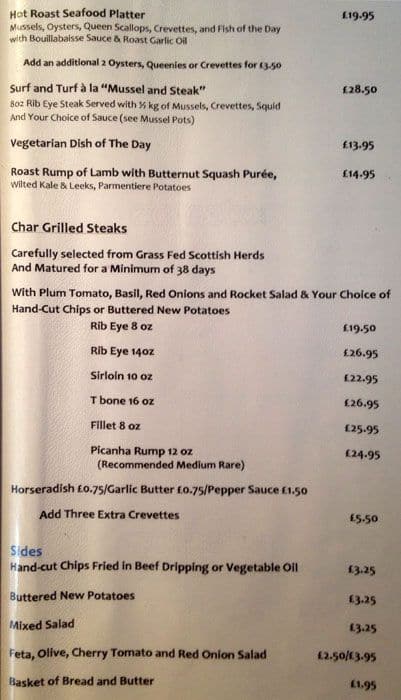 Menu at The Mussel and Steak Bar, Edinburgh, 110 W Bow