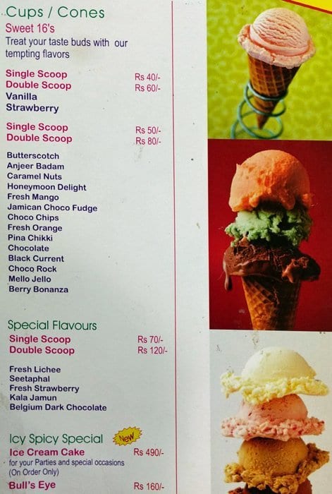 Menu at Icy Spicy, Hyderabad, 4-1-976/D