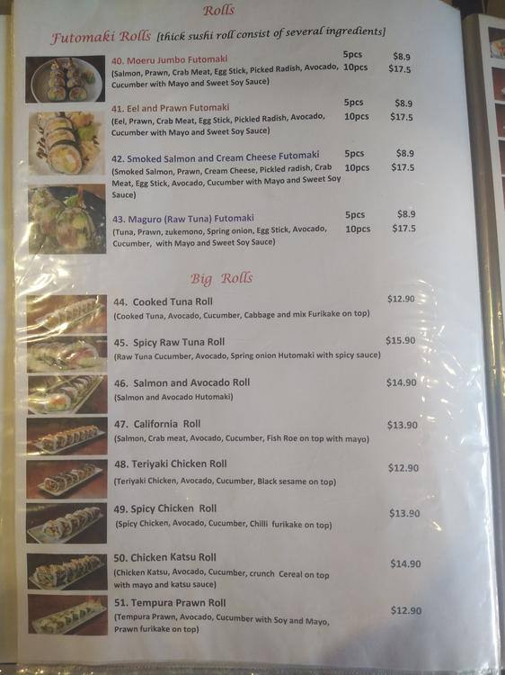 Menu at Moeru restaurant, West Ryde