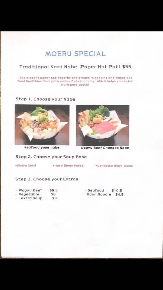 Menu at Moeru Japanese Restaurant (Welcome to call and order takeaway ...