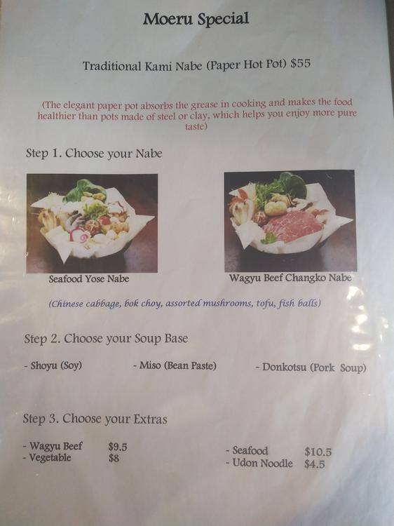 Menu at Moeru restaurant, West Ryde