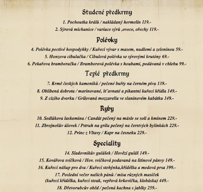 Menu at U Pavouka pub & bar, Prague, Celetna 595/17