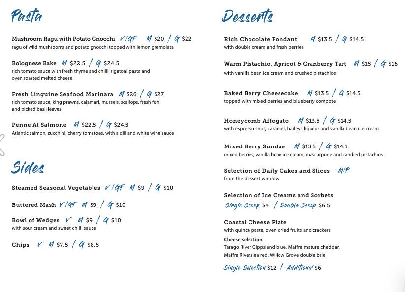 Menu at Coastal Dining restaurant, Mooney Mooney