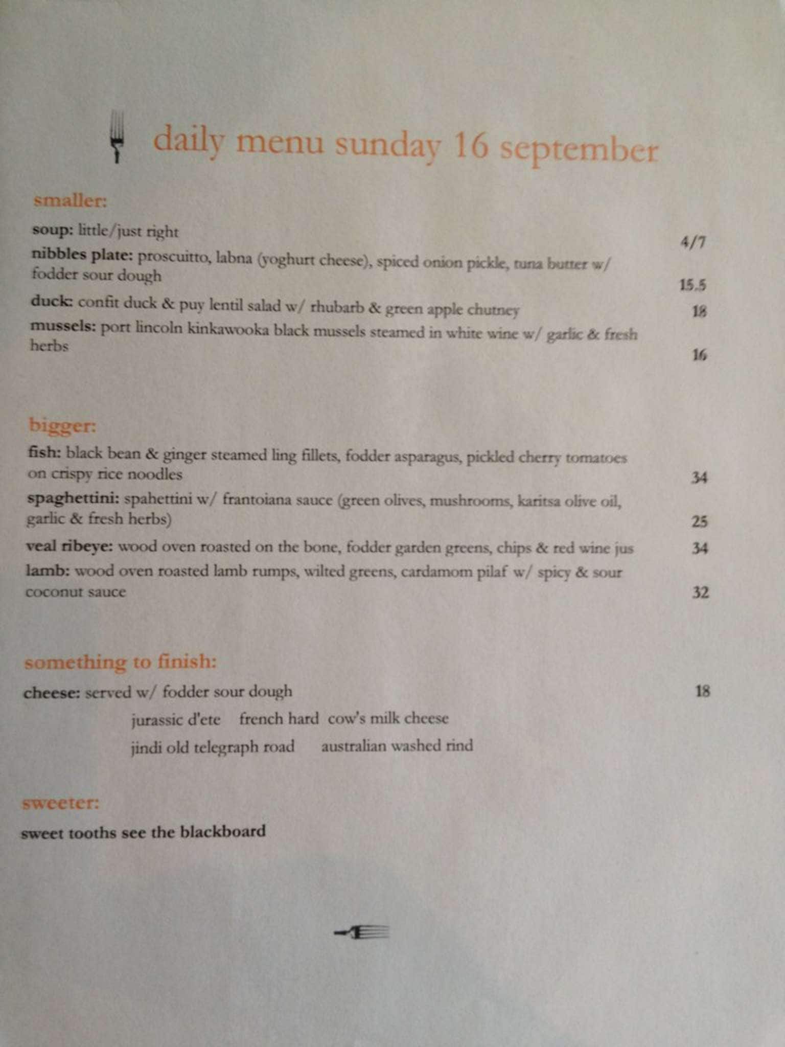 Menu at Ottelia restaurant, Coonawarra