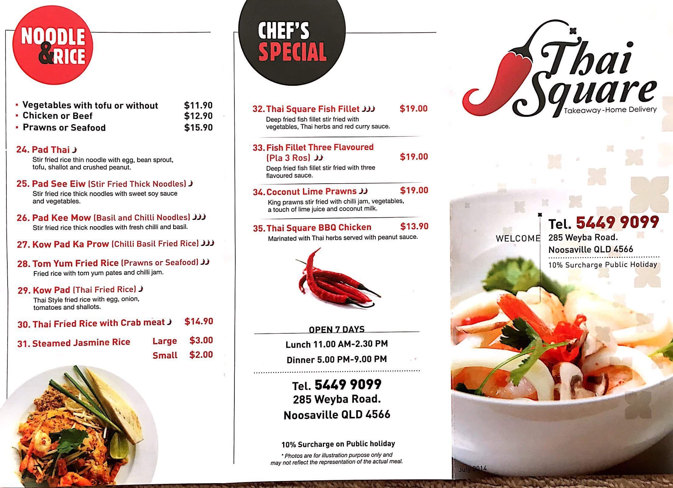 Menu at Thai Square restaurant, Noosaville